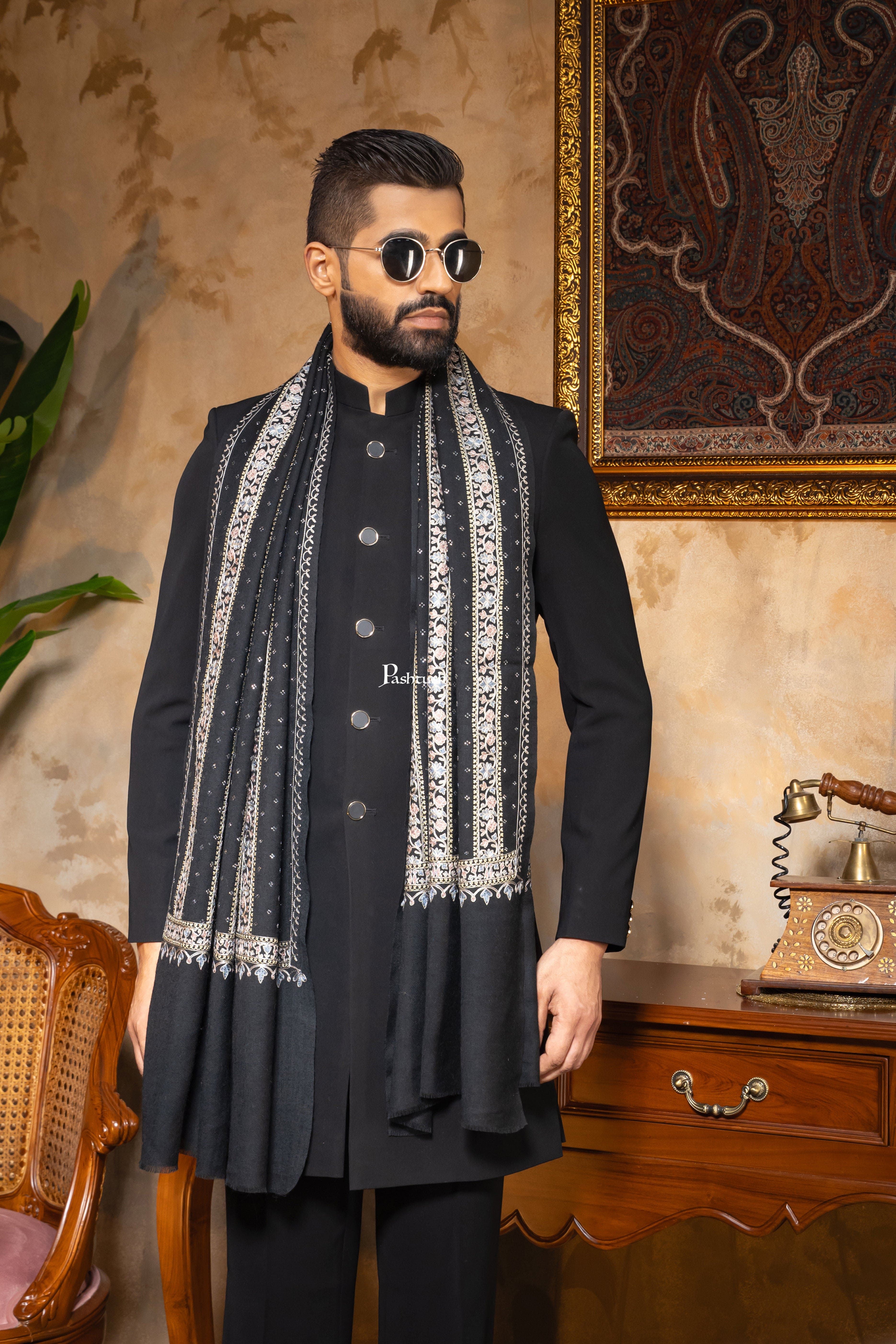 Pashtush Mens Extra fine wool Nalki Embroidery With Crystal Design, Bl ...